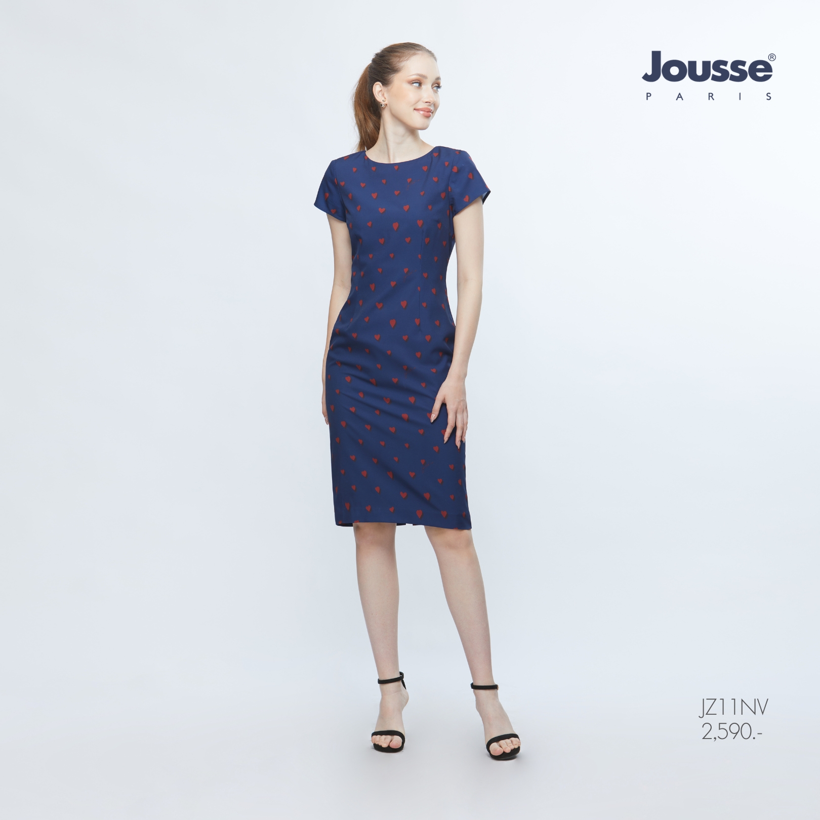 ชุดเดรส Jousse Dress ทรงสอบเข้ารูปสีกรมท่า ลายพิมพ์ Lovely Heart JZ11NV ...
